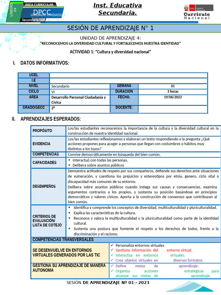2º Dpcc- Ses 1 Uni 4 - Sem 01 | PDF | Aprendizaje | Multiculturalismo
