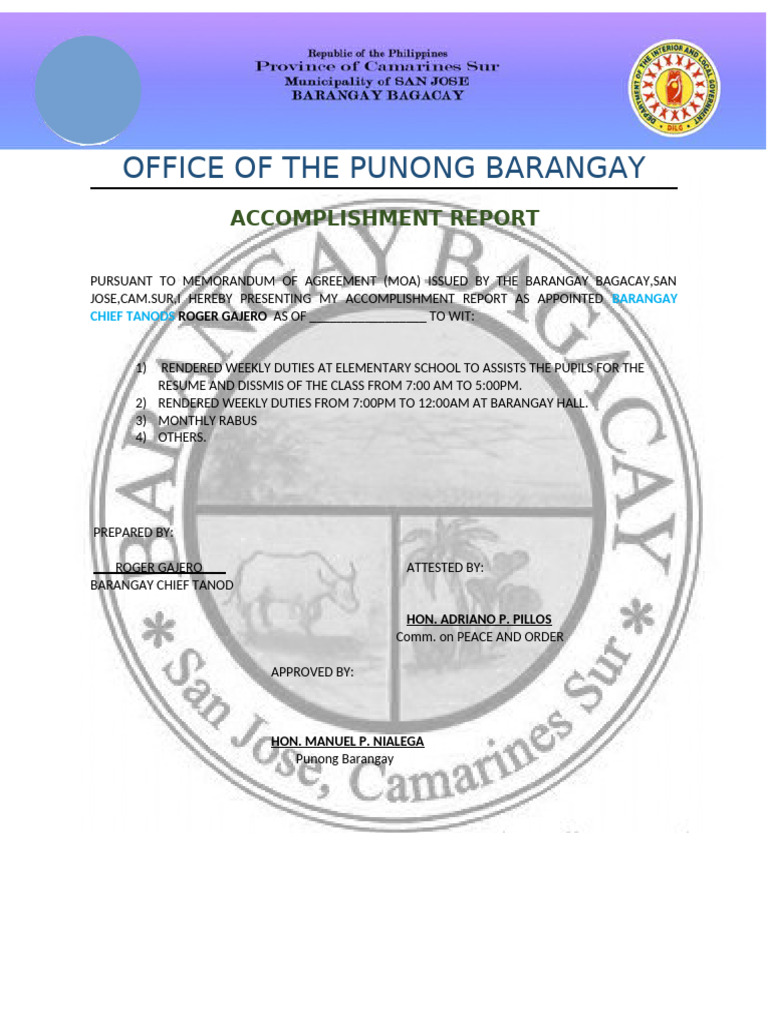 Barangay Tanod Accomplishment Report | PDF