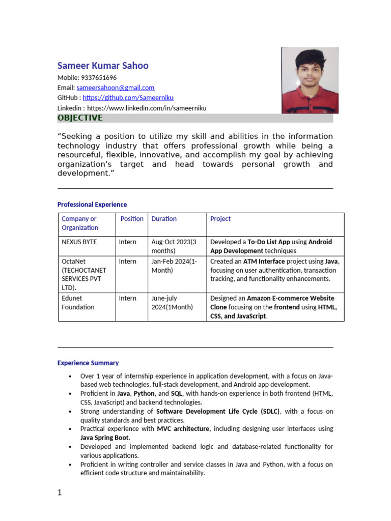 SameerKumarSahoo Resume | PDF | Mobile App | Java (Programming Language)