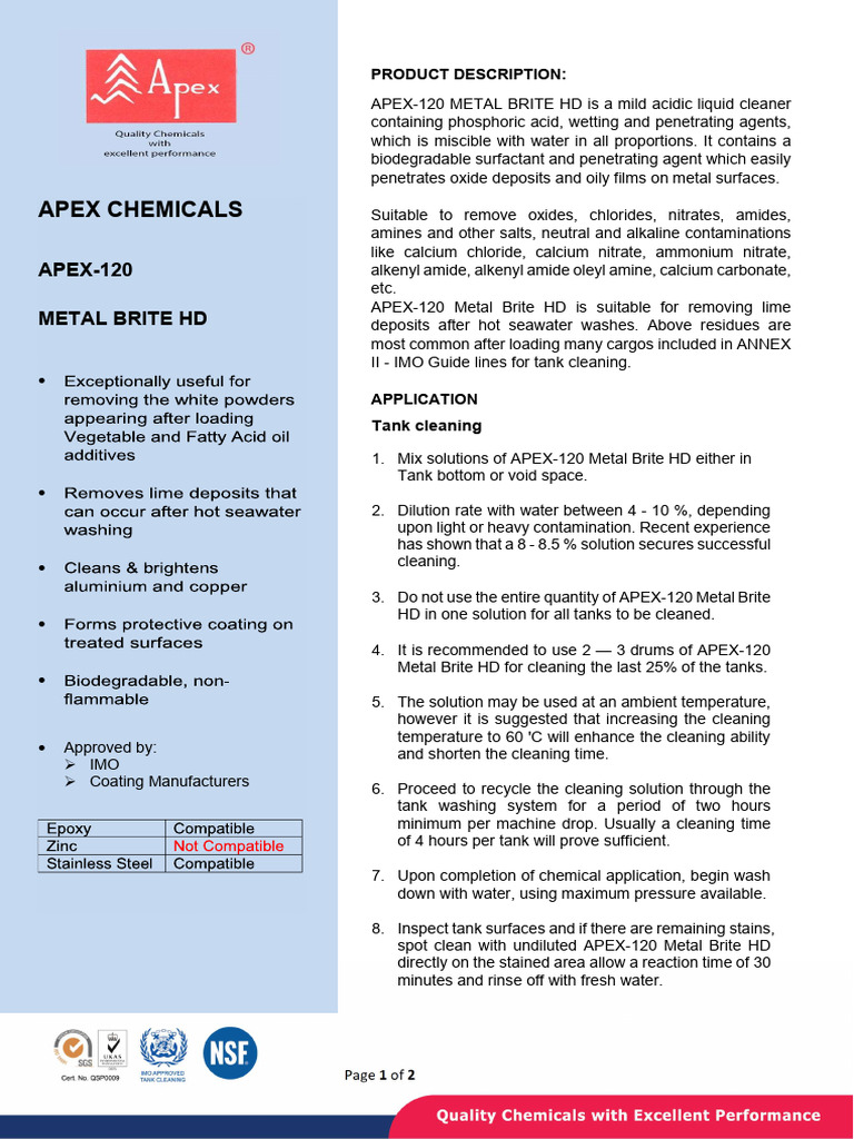 APEX-120 Metal Brite HD Cleaner Guide | PDF | Water | Metals