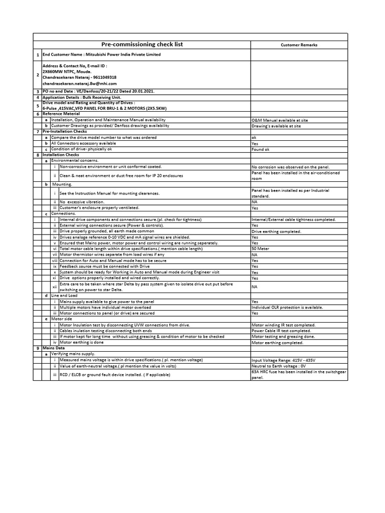 VFD Commissioning Checklist Summary | PDF | Manufactured Goods | Components