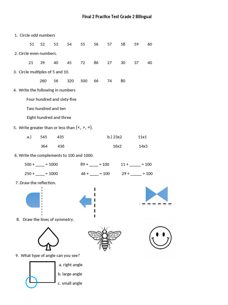 Final 2 Practice Test Grade 2 Bilingual | PDF | Elementary Mathematics ...