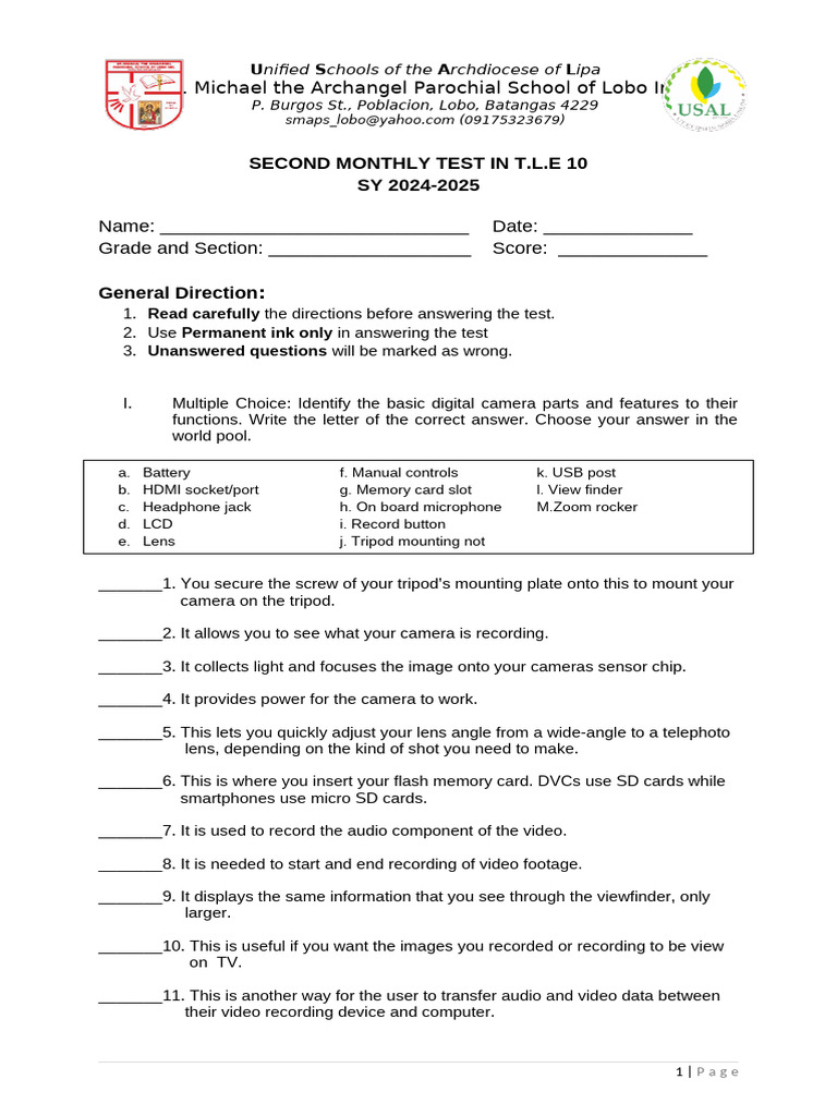 2nd monthly -EXAM in TLE 10 | PDF | Camera | Camera Lens