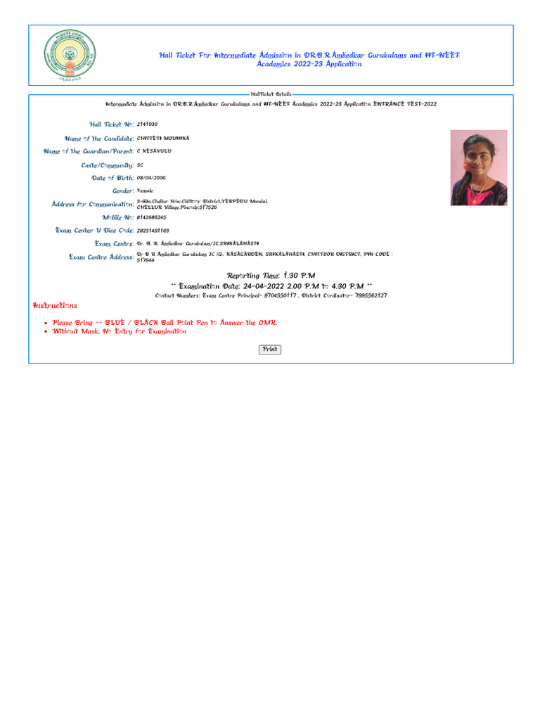 Mounika Hall Ticket | PDF