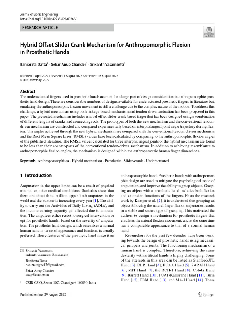 Hybrid Offset Slider Crank Mechanism For Anthropomorphic Flexion in ...
