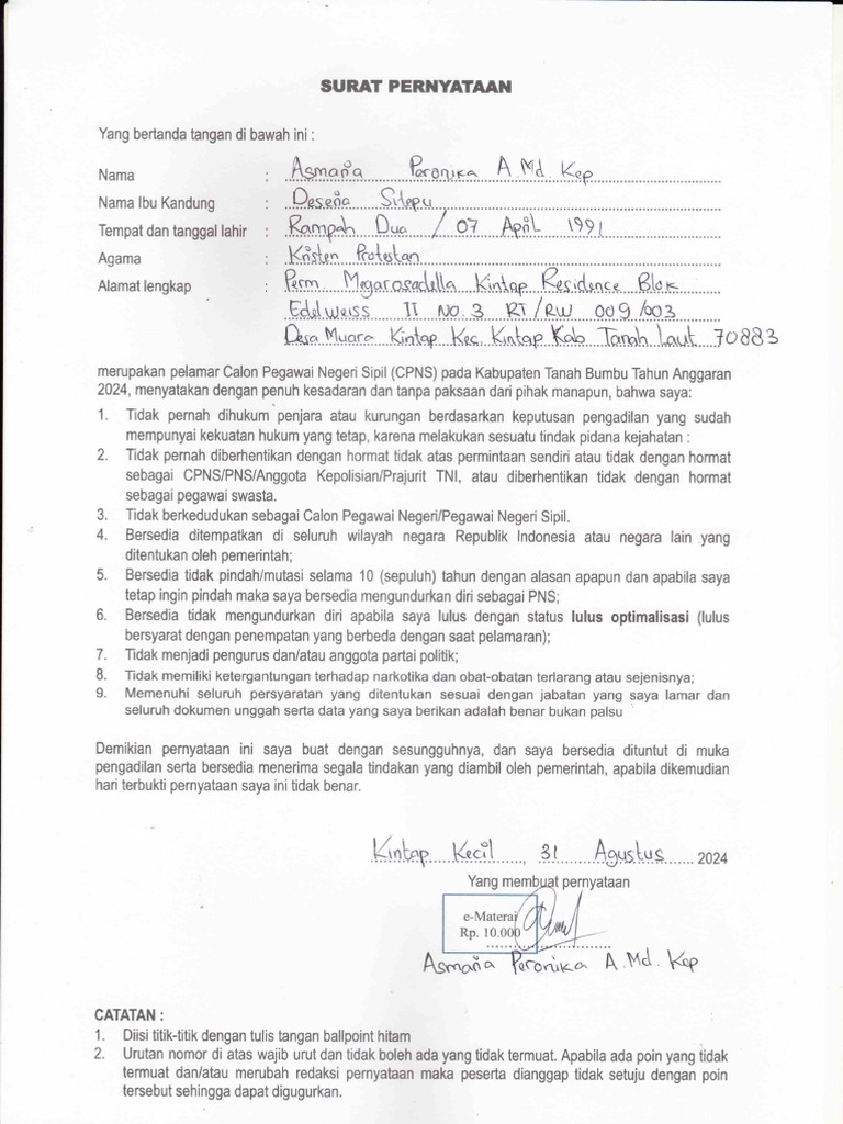 Surat Pernyataan Asmaria | PDF