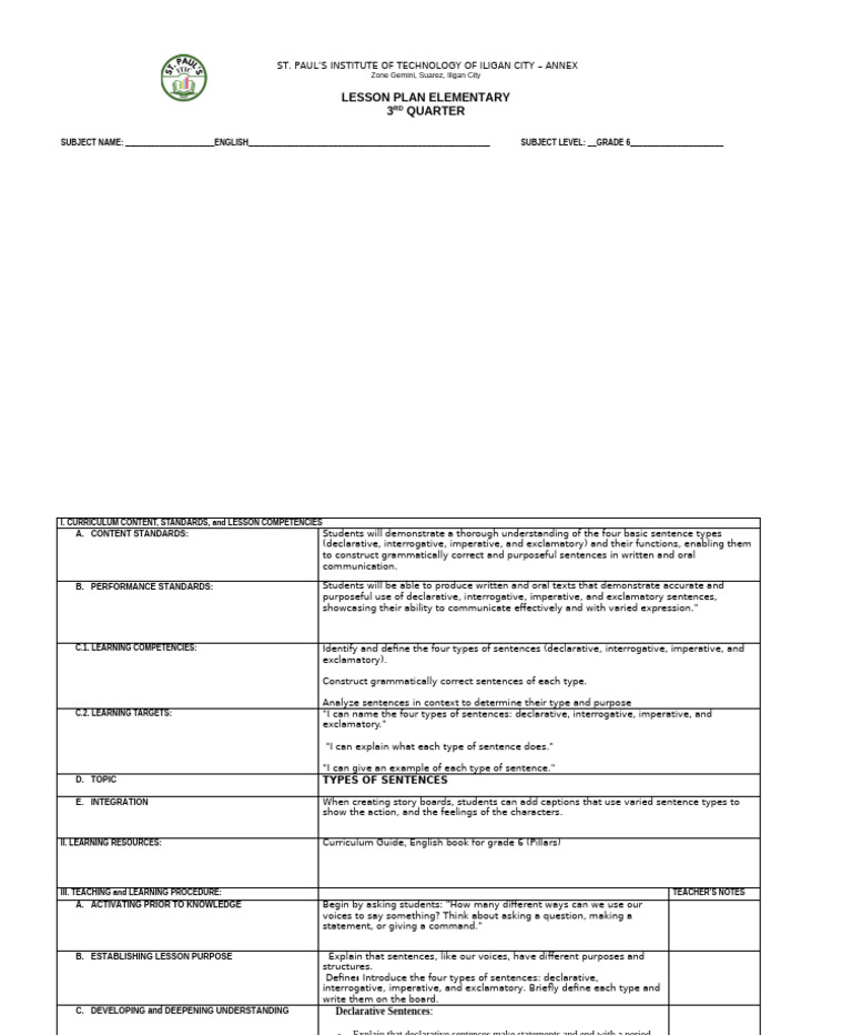 Types of Sentences for Grade 6 English | PDF | Sentence (Linguistics ...