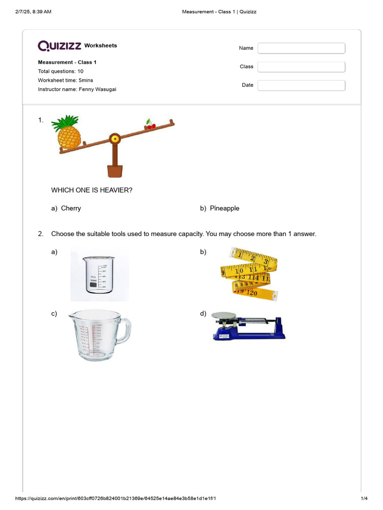 Class 1 Measurement Worksheet | PDF