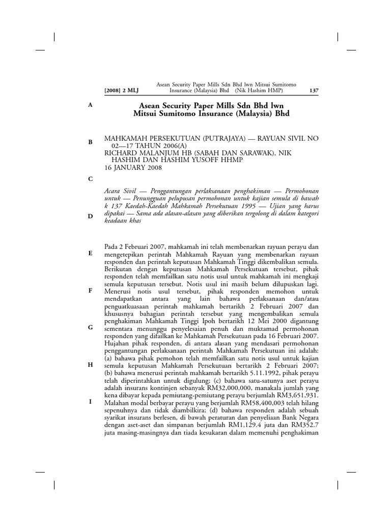 Asean Security Paper Mills SDN BHD LWN Mitsui Sumitomo Insurance (Malaysia) BHD | PDF
