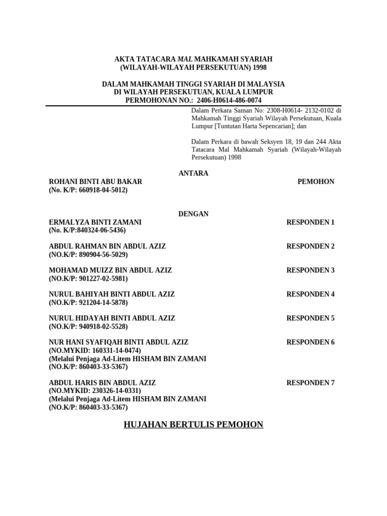 Draf Hujahan Permohonan Pencelah | PDF