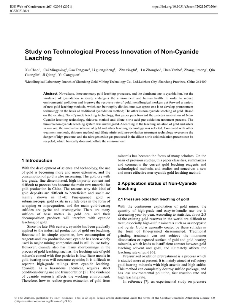 Study On Technological Process Innovation of Non Cyanide Leaching of ...