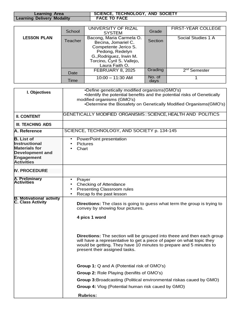 Group 1 Lesson Plan 12 1 | PDF | Genetically Modified Organism ...