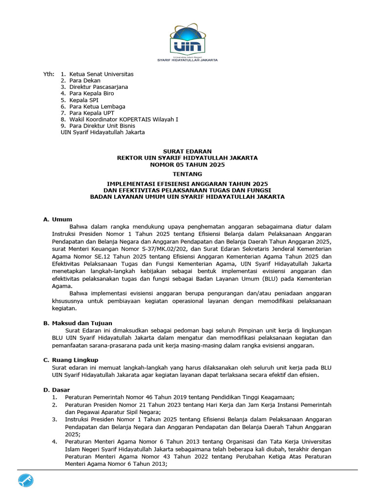 Surat Edaran 05 Tahun 2025 - Implementasi Efisiensi Anggaran Tahun 2025 | PDF