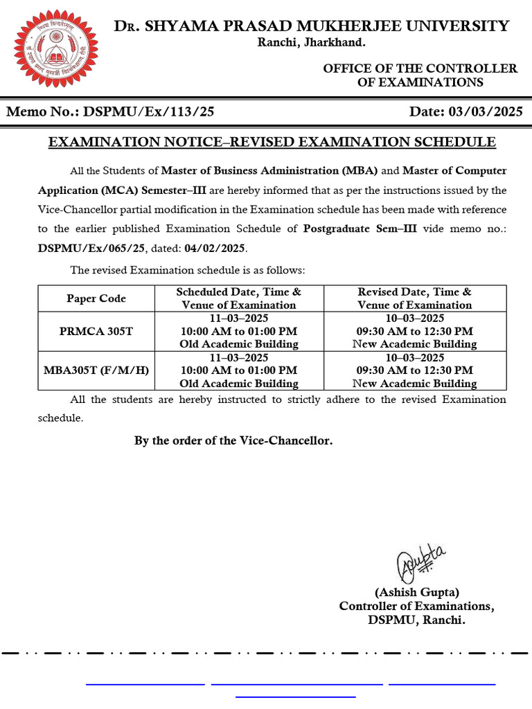 03.03.2025 - Notice - Revised Examination Schedule | PDF