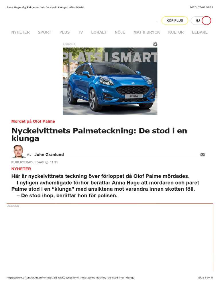 Anna Hage Såg Palmemordet: de Stod I Klunga - Aftonbladet | PDF
