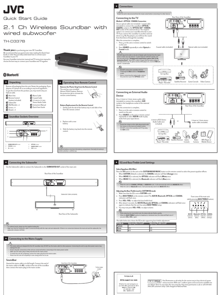 JVC TH-D337B Soundbar Setup Guide | PDF | Equalization (Audio ...