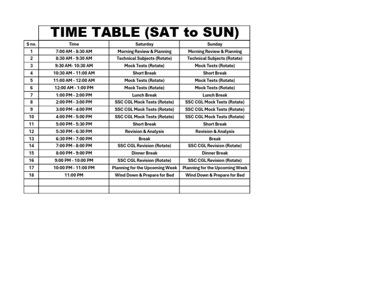 Time Table Sat and Sun | PDF