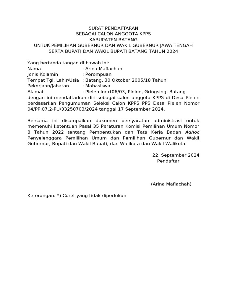 00 Surat Pendaftaran KPPS | PDF