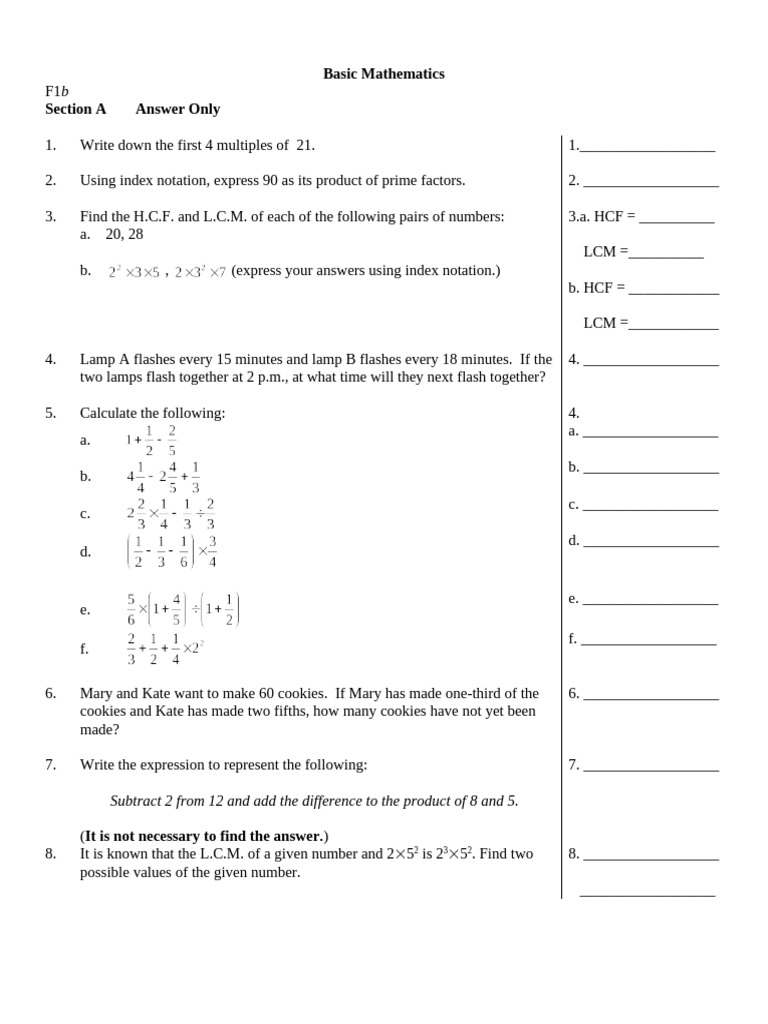 F.1 Mathematics_1b basic math | PDF | Mathematics | Arithmetic