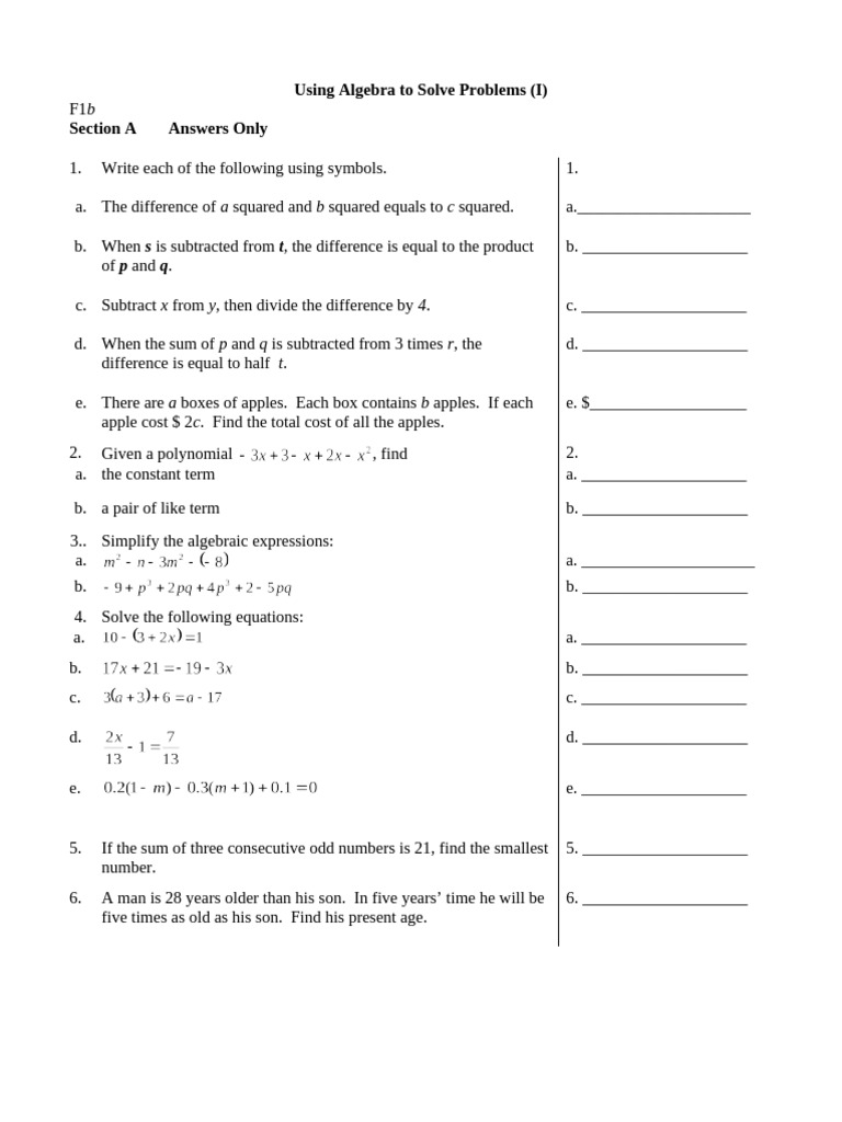 F.1 Mathematics - 1b Basic Algebra | PDF