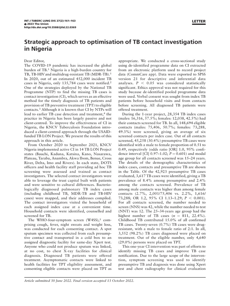 KNCV - Strategic Approach To Optimisation of TB Contact Investigation in Nigeria | PDF ...