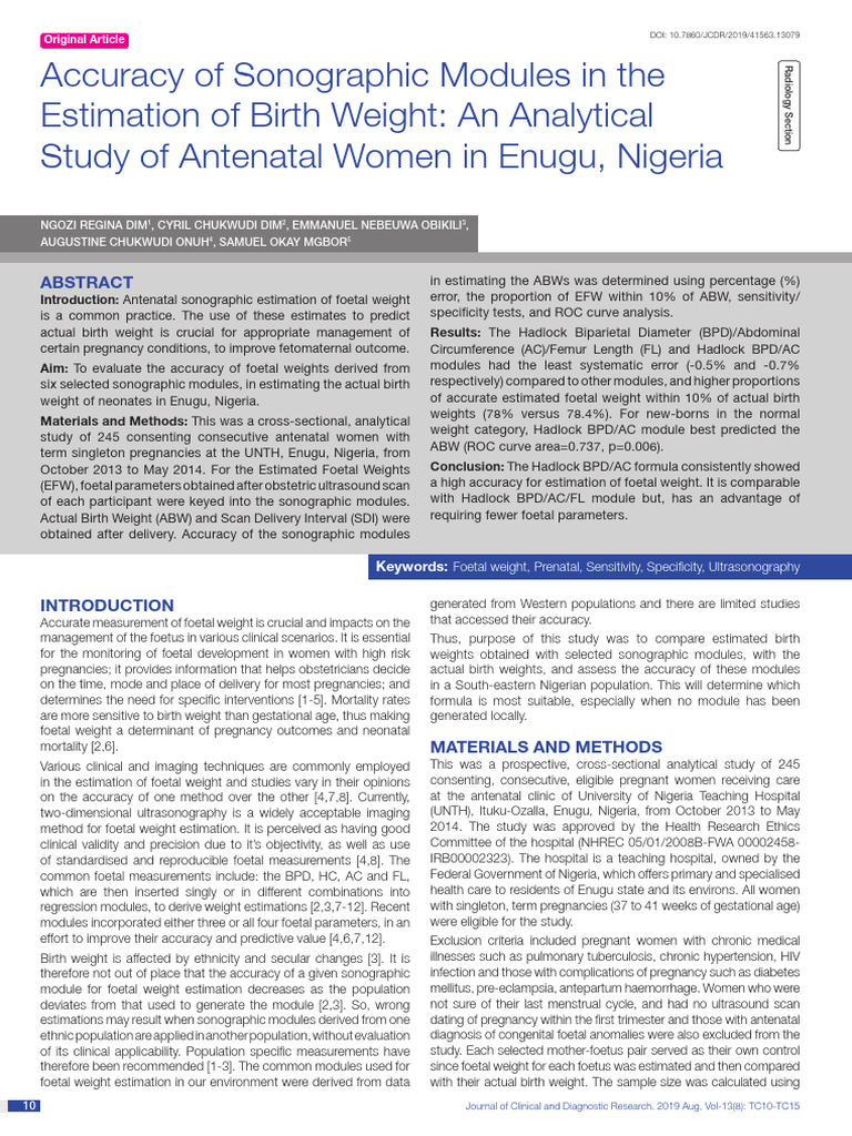 Accuracy of Sonographic Modules For Estimated Birth Weight - Ngozi | PDF | Pregnancy | Medical ...