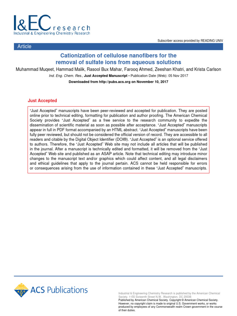 Cationization of Cellulose Nanofibers Fo | PDF | Adsorption | Chemistry