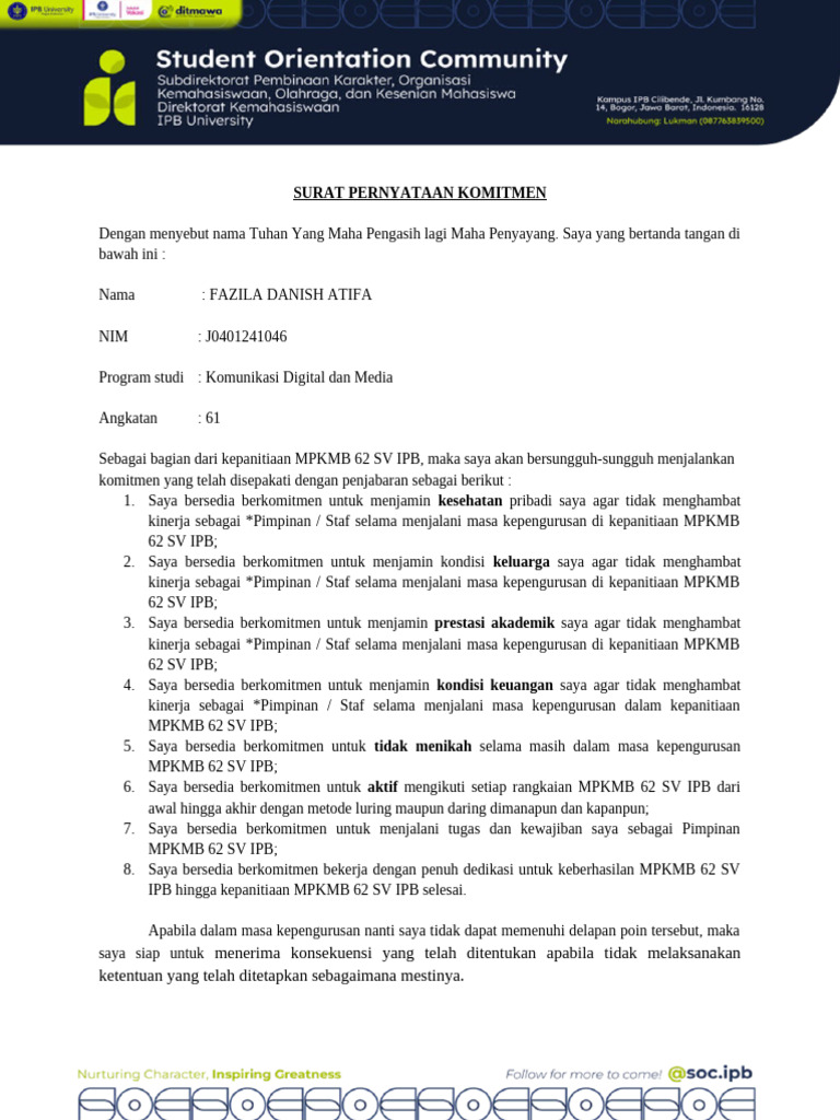 SURAT PERNYATAAN KOMITMEN CALON PIMPINAN DAN STAF MPKMB 62 SV IPB | PDF