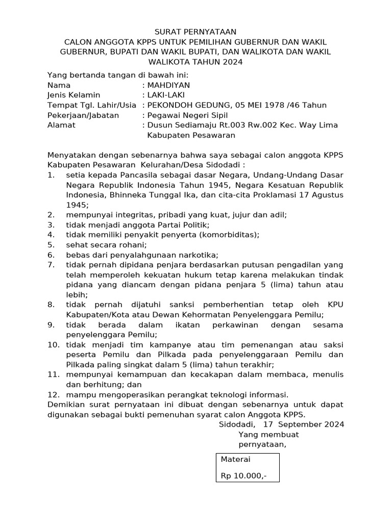 Form Surat Pernyataan Calon KPPS | PDF