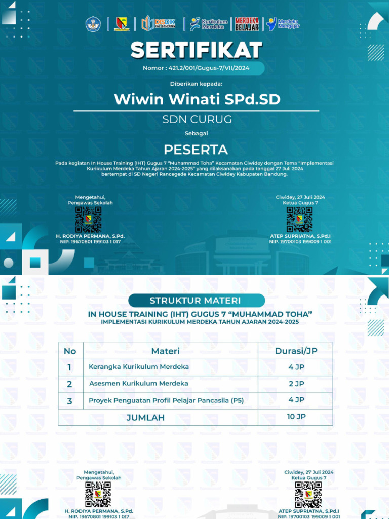 Sertifikat IHT Implementasi Kurikulum Merdeka Wiwin Winati SPD - SD | PDF