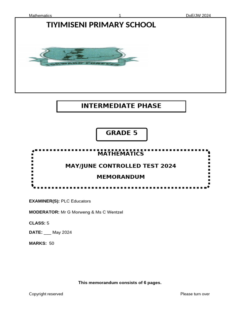 Grade 5 Term 2 Controlled Test 2024 Memorandum | PDF