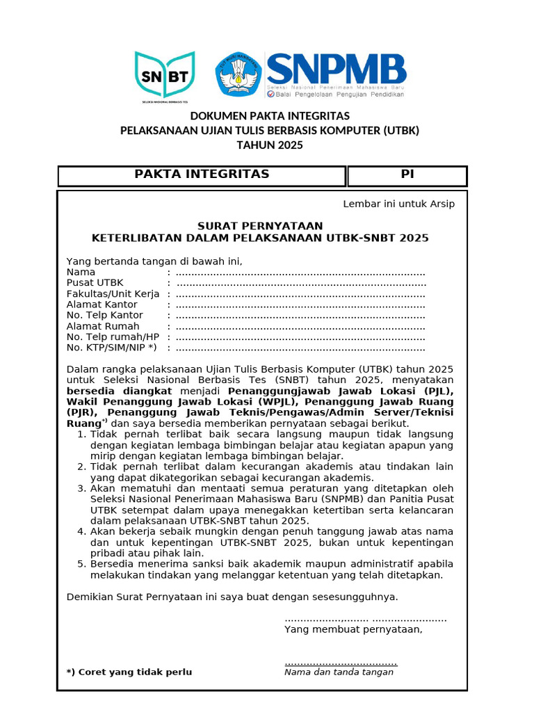 Form Pakta Integritas UTBK-SNBT 2025 | PDF