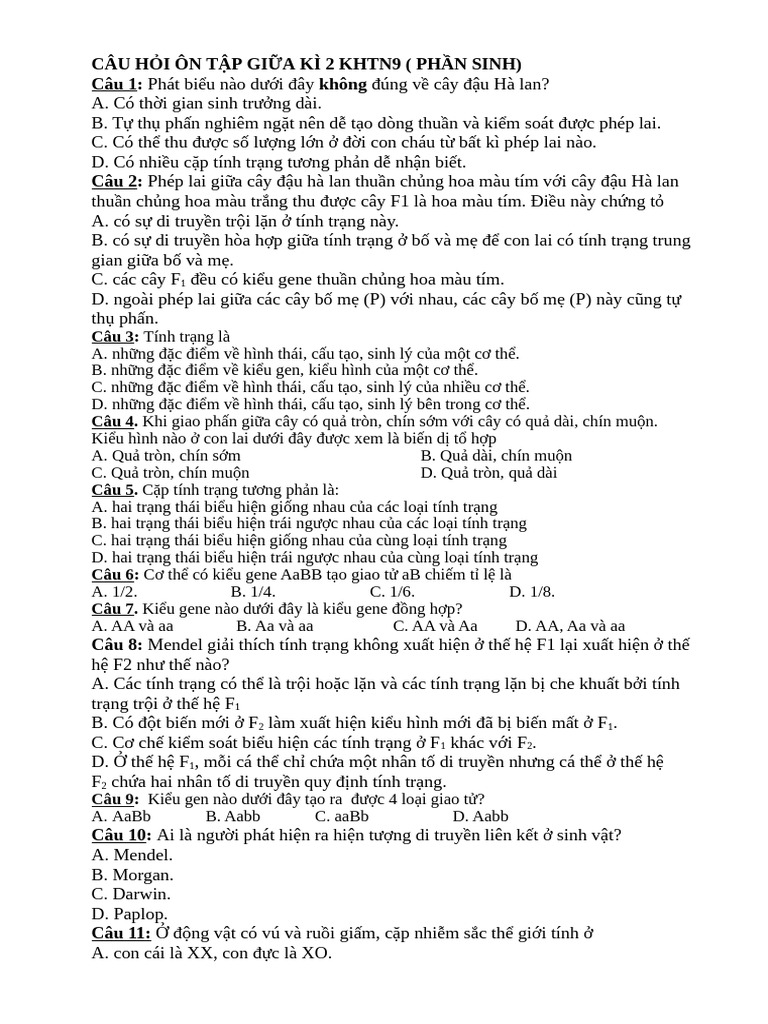 CÂU HỎI ÔN TẬP GIỮA KÌ 2 KHTN9 (PHẦN SINH) | PDF