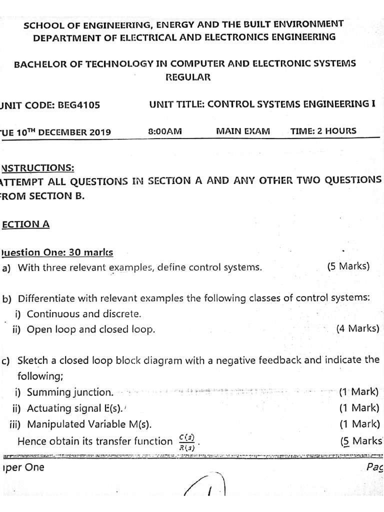 Control Engineering 1 PAST PAPERS | PDF