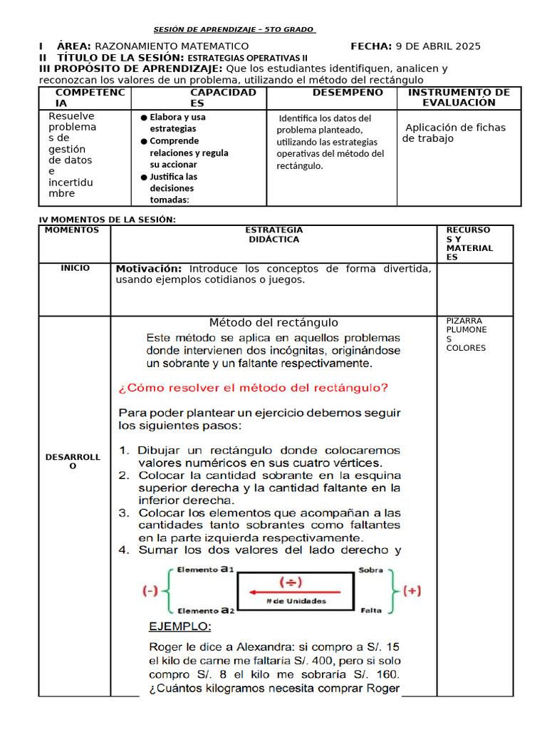Modelo de Sesión de RM 5to Grado | PDF