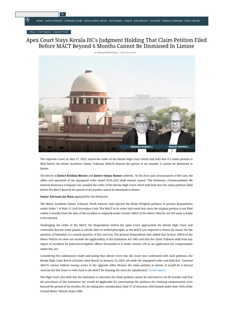 SC Stays Kerala HC Ruling on MACT Claims | PDF | Supreme Court Of India ...