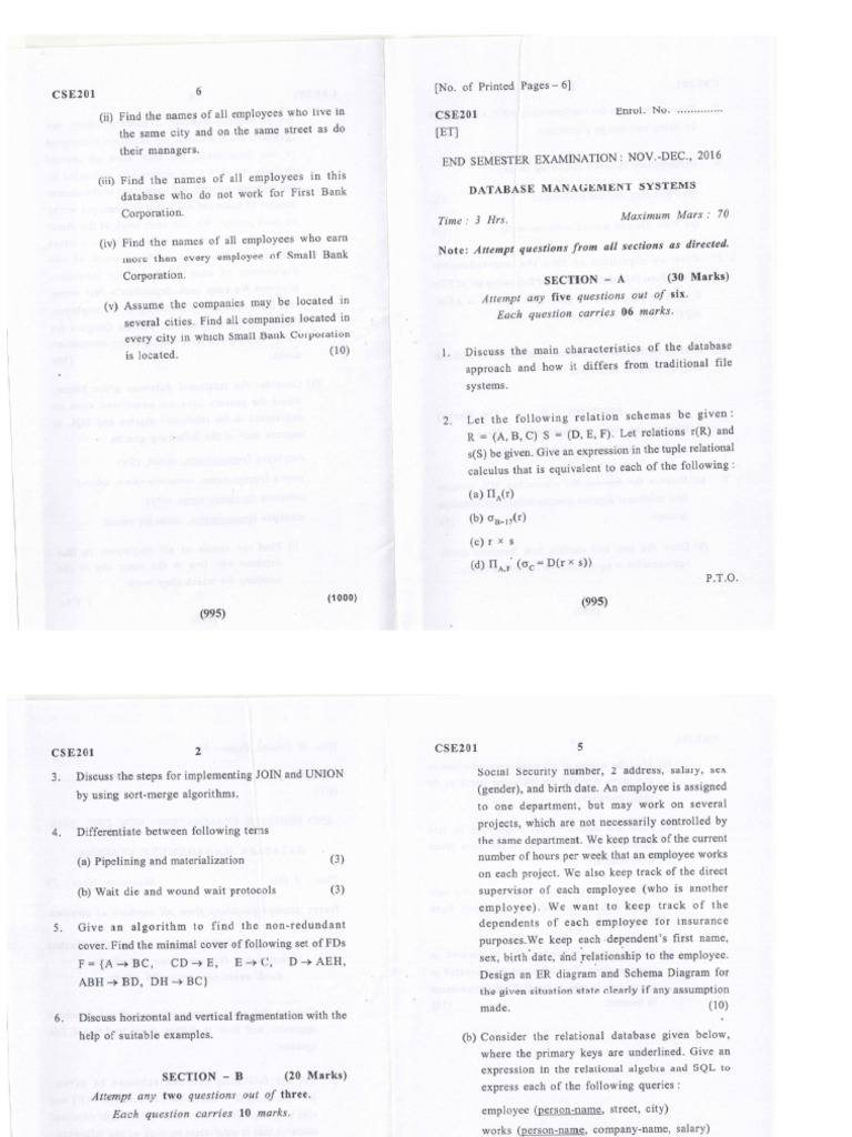 Database Management Systems, CSE201 (ET), Nov.-Dec. 2016 | PDF