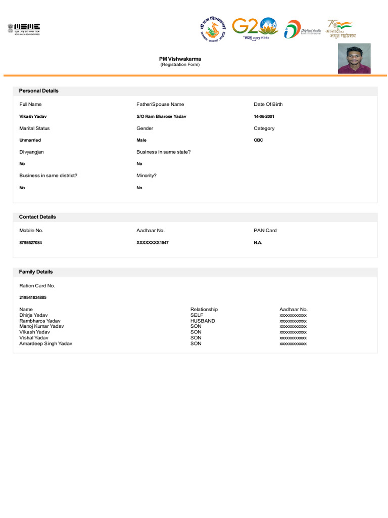PM Vishwakarma Registration: Vikash Yadav | PDF | Loans