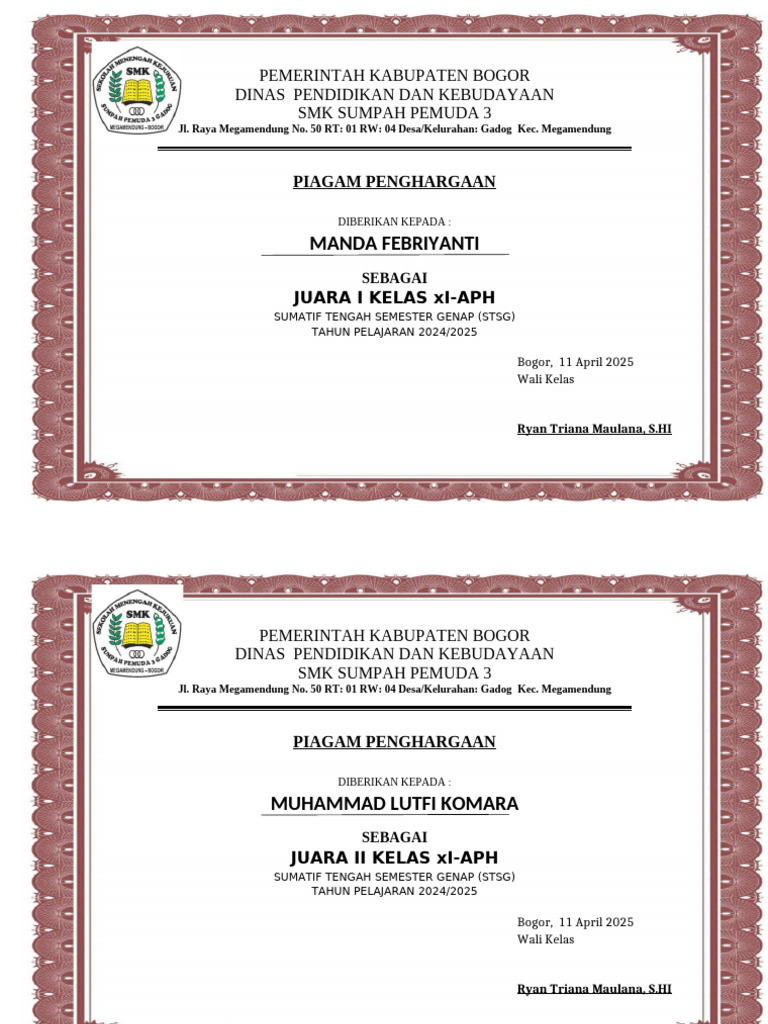 Sertifikat Juara Kelas -Ryan Triana Maulana a4 | PDF