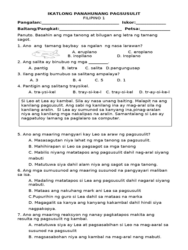 Q3 Periodical Test in Filipino 1 | PDF