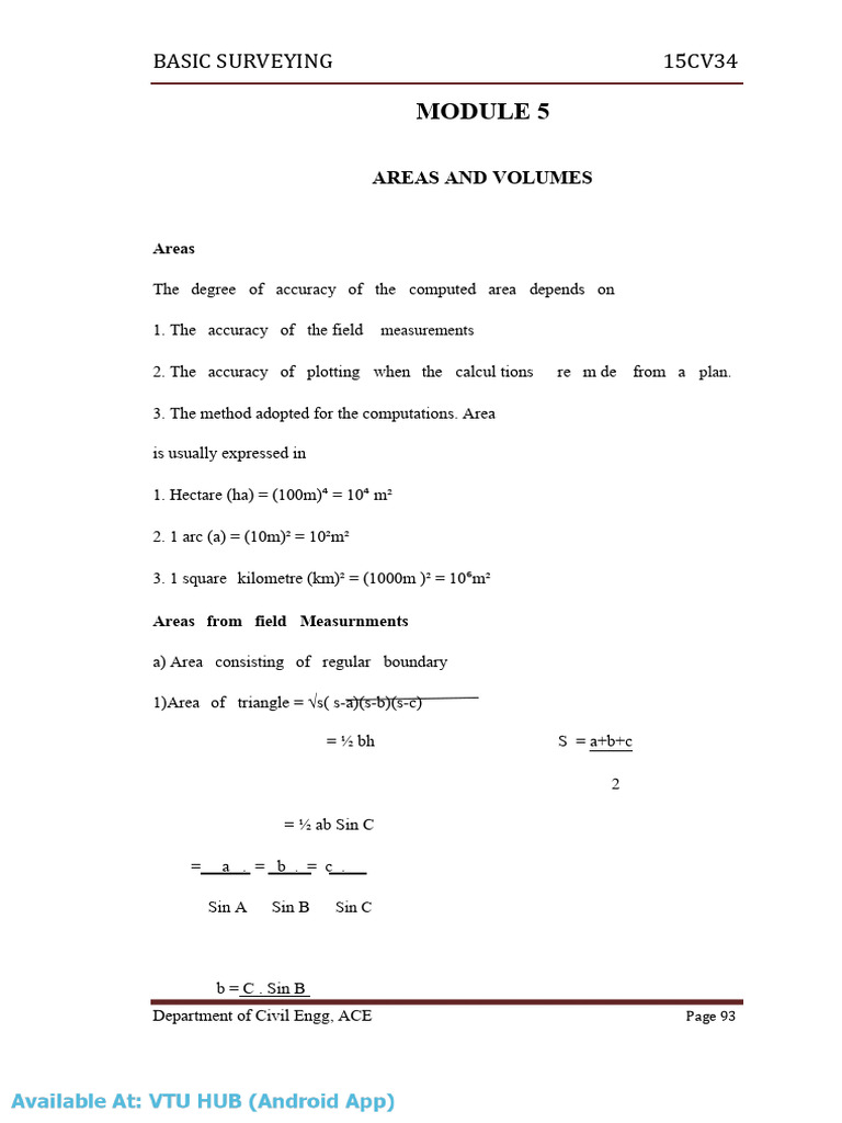 Basic Surveying 15CV34: Areas and Volumes | PDF | Contour Line | Area