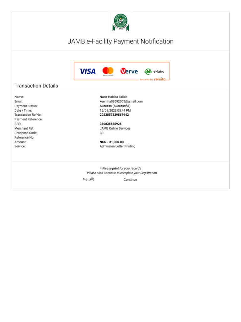 Https Efacility - Jamb.gov - NG Remitta RedirectURL RRR 350838655925 ...