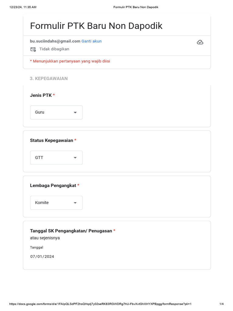 Formulir PTK Baru Non Dapodik 4 | PDF