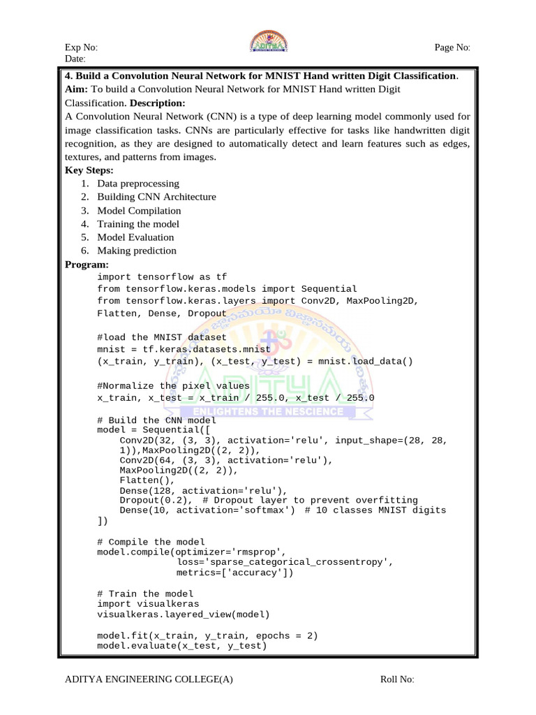 Build A Convolution Neural Network For MNIST Hand Written Digit Classification Aim: Description ...