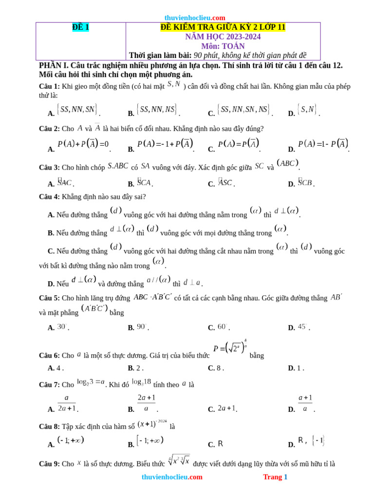 Thuvienhoclieu.com de Kiem Tra Giua HK2 Toan 11 Canh Dieu de 1 Hay | PDF