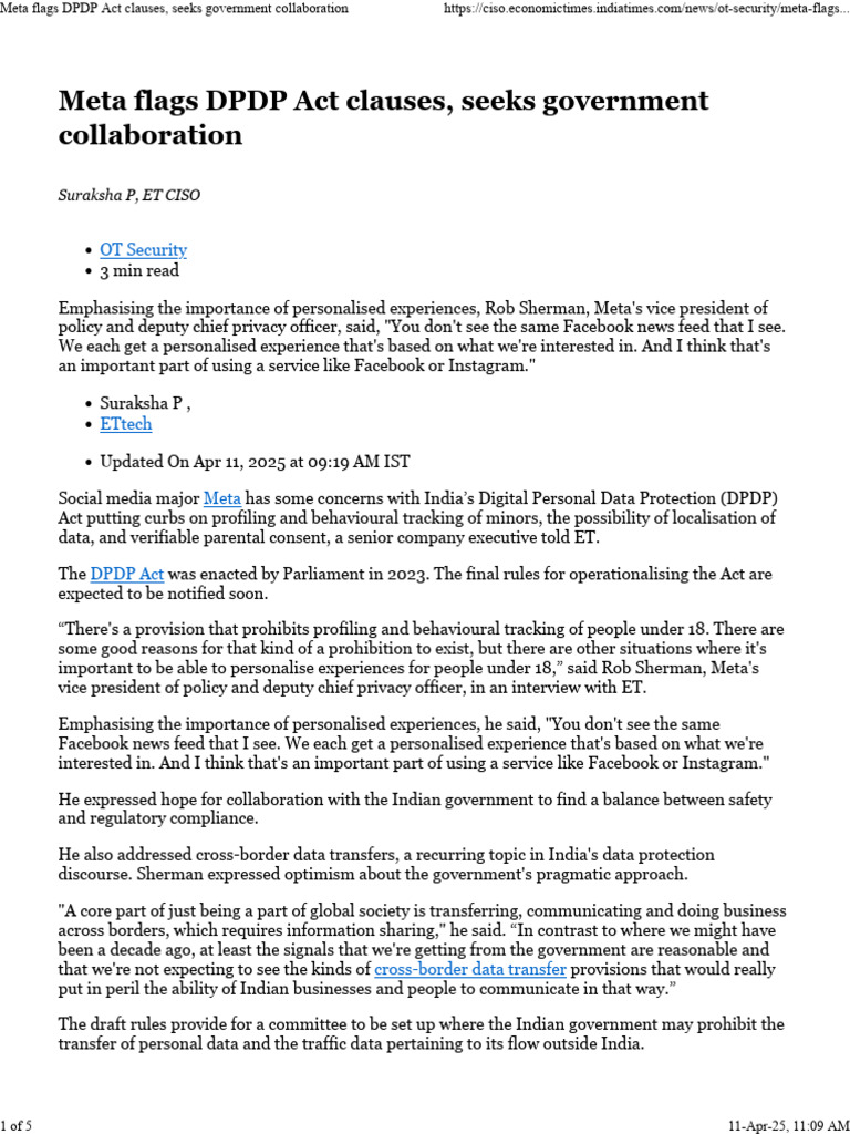 Meta Flags DPDP Act Clauses, Seeks Government Collaboration | PDF ...