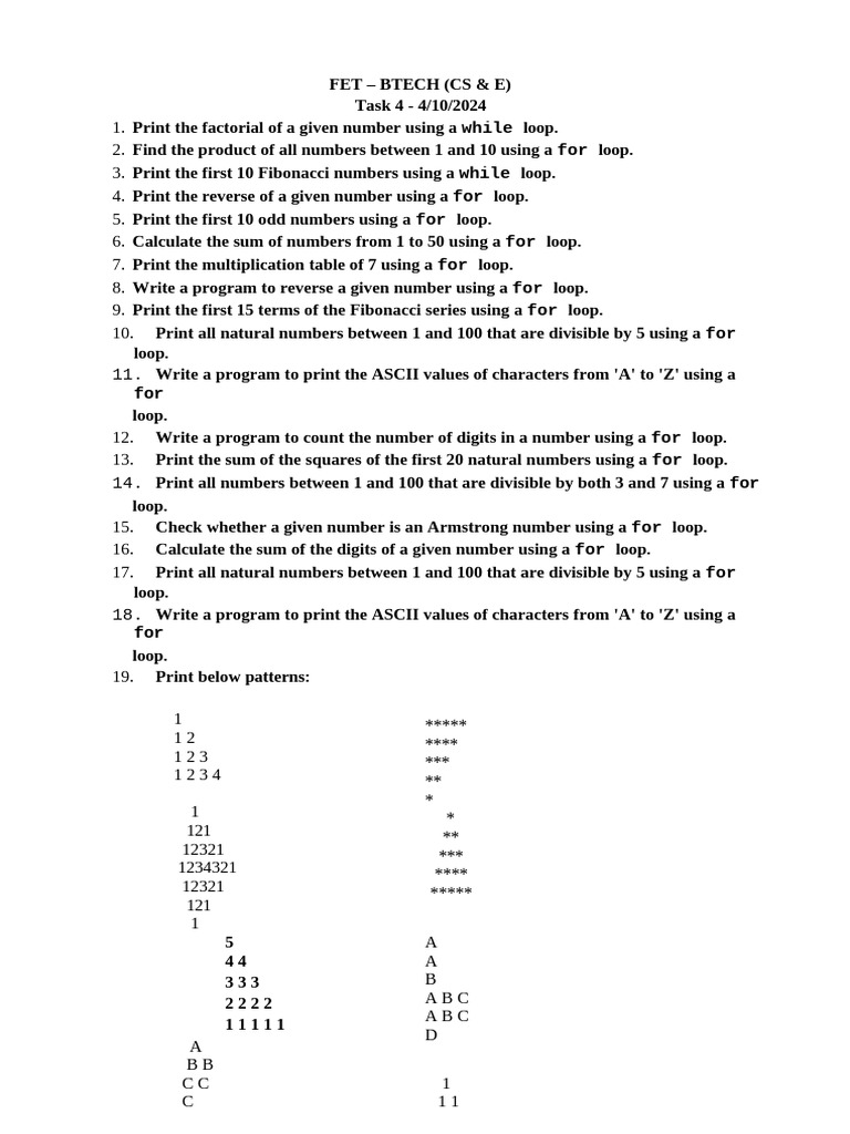 Programming Tasks for BTECH CS&E | PDF