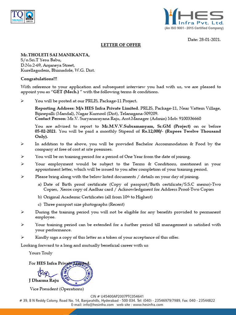 MR.T Sai Manikanta OfferLetter | PDF