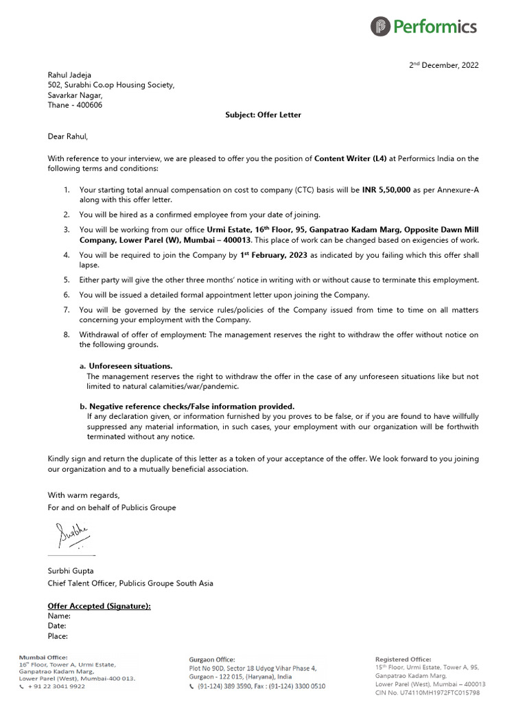 Offer Letter - Rahul Jadeja | PDF | Economies | Labor