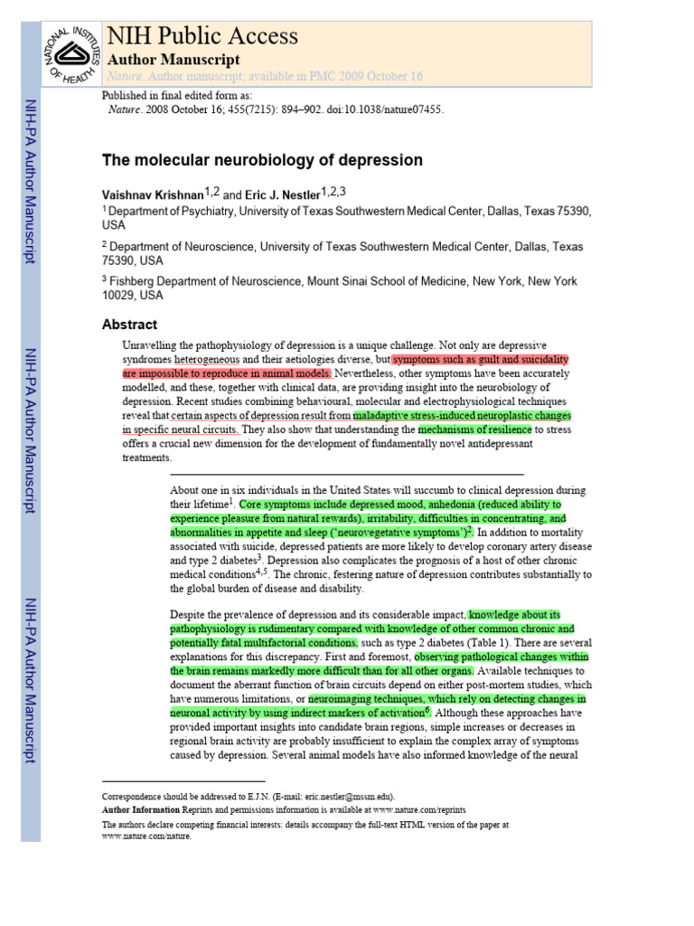 The Molecular Neurobiology of Depression (Krishnan & Nestler, 2008) | PDF | Major Depressive ...